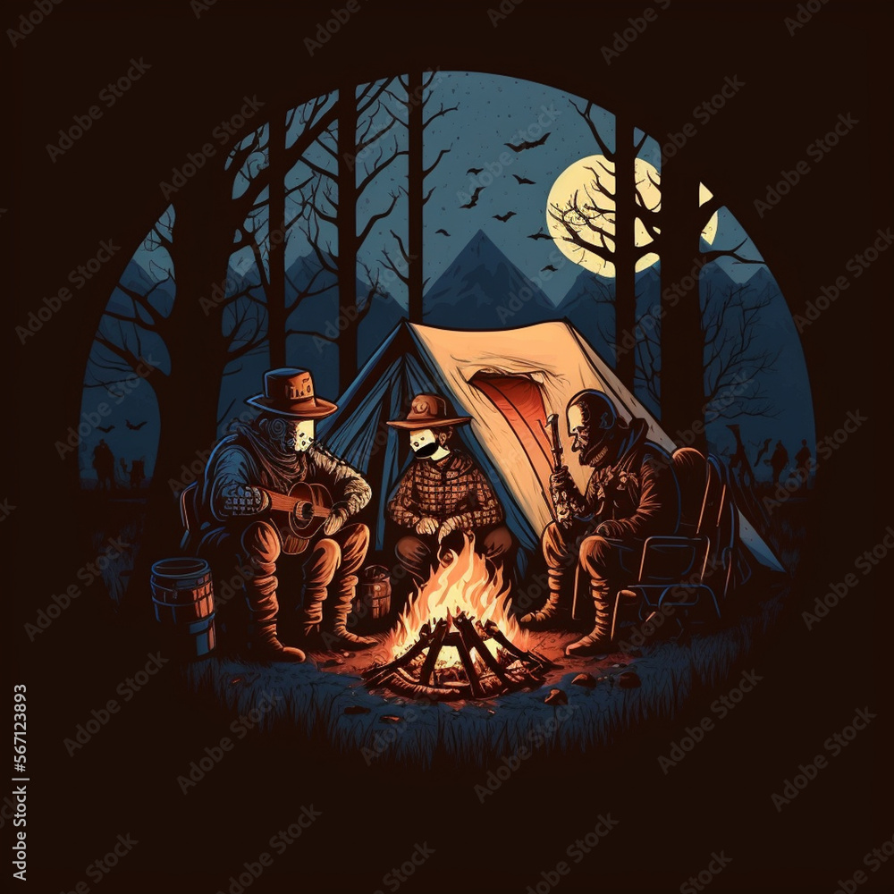 zombie boy scouts in the forest near the campfire and tent Stock ...