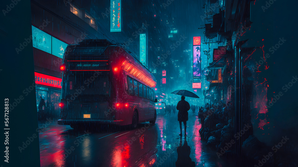 rainy night in cyberpunk chinese city street, neural network generated ...