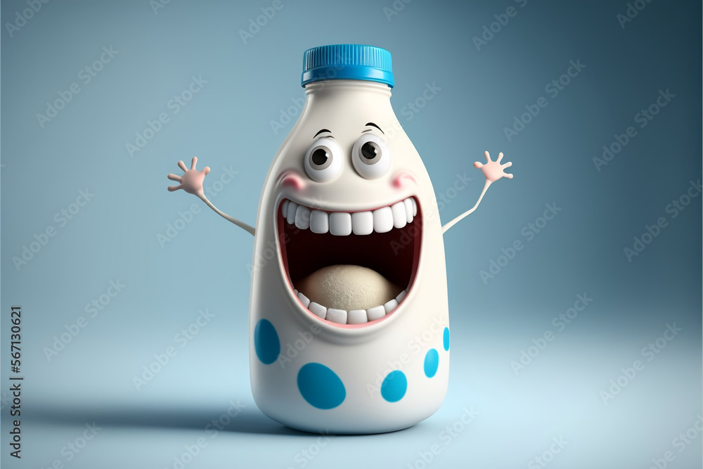 Funny happy milk bottle cartoon character on a studio background ...