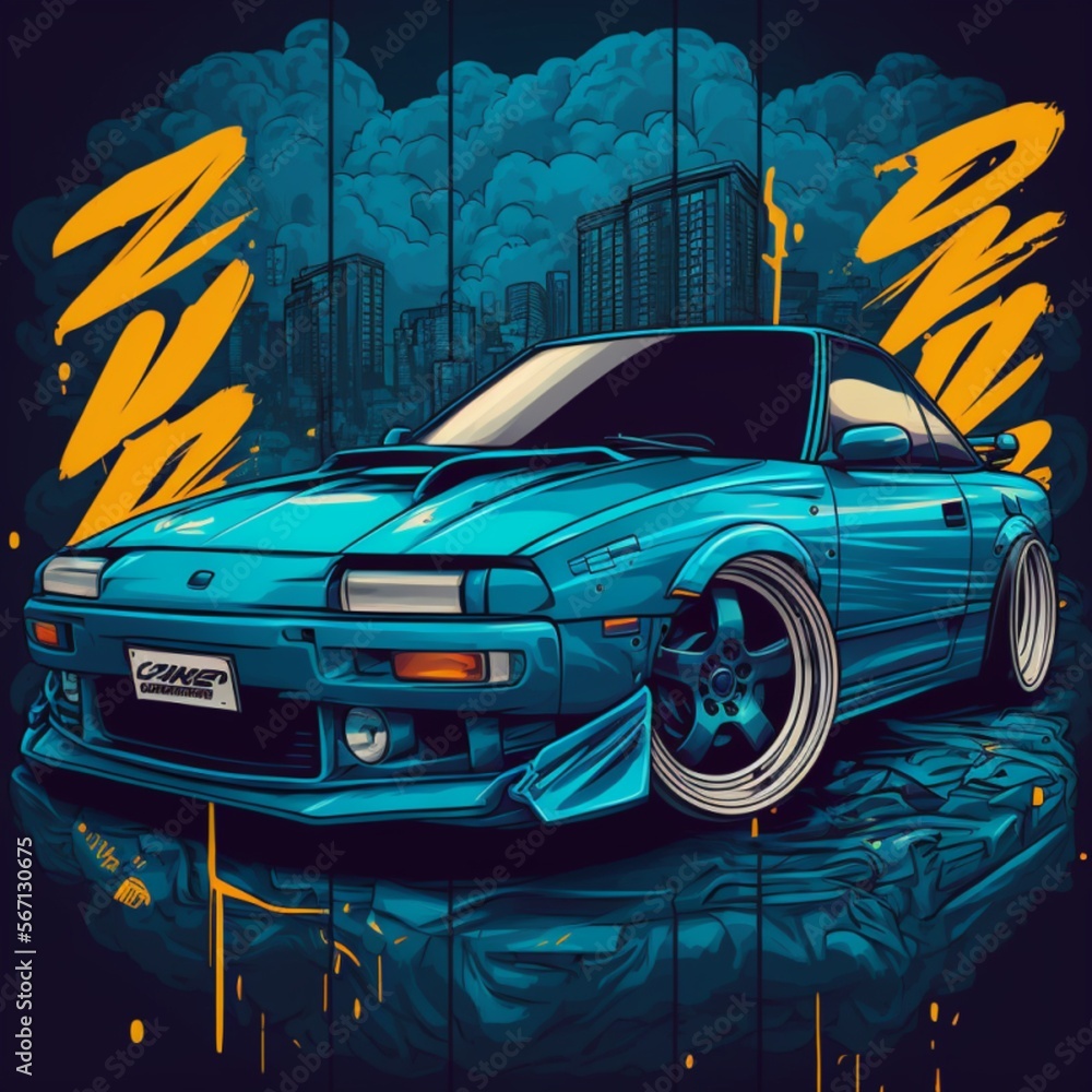 A blue nissan 240sx with enkei wheels cartoon with graffiti background ...
