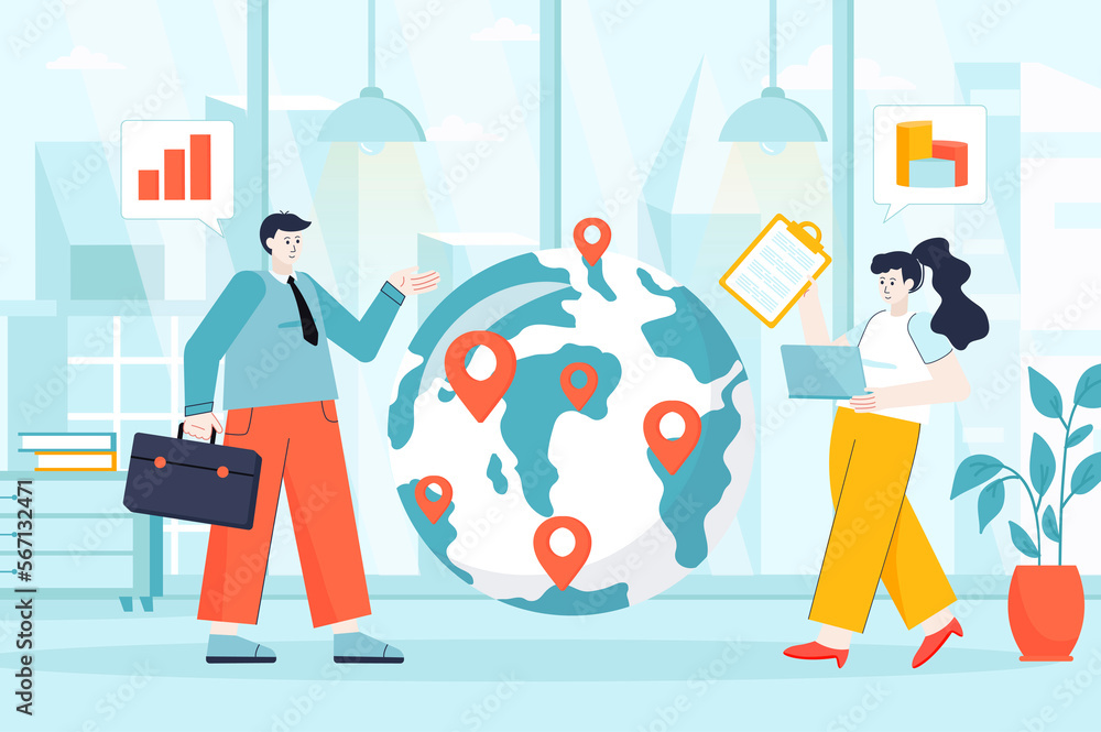 Global business concept in flat design. Employees of international ...