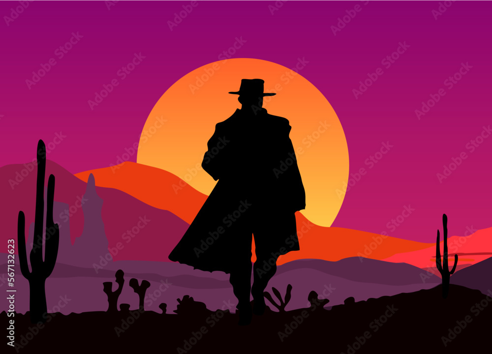 Cowboy silhouette with desert sunset landscape scene background vector ...