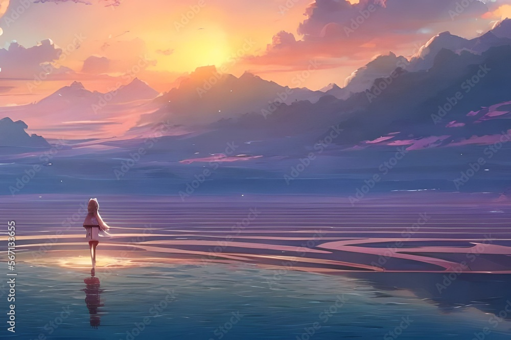 Beautiful Anime Scenery with Anime Girl, Generative AI Art Stock ...