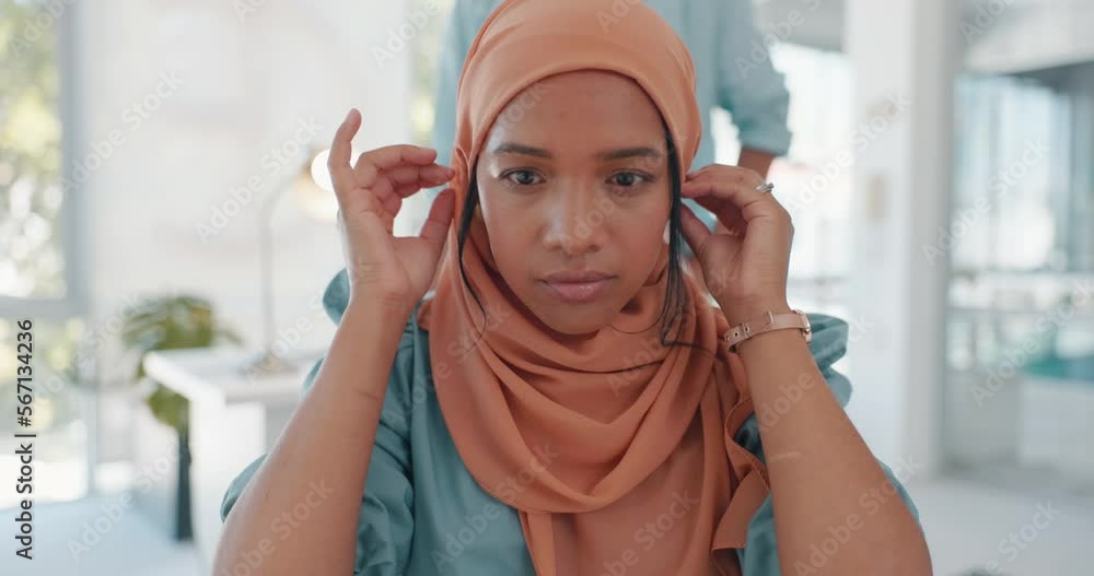 Video Stock Face, muslim and working with a business woman adjusting ...