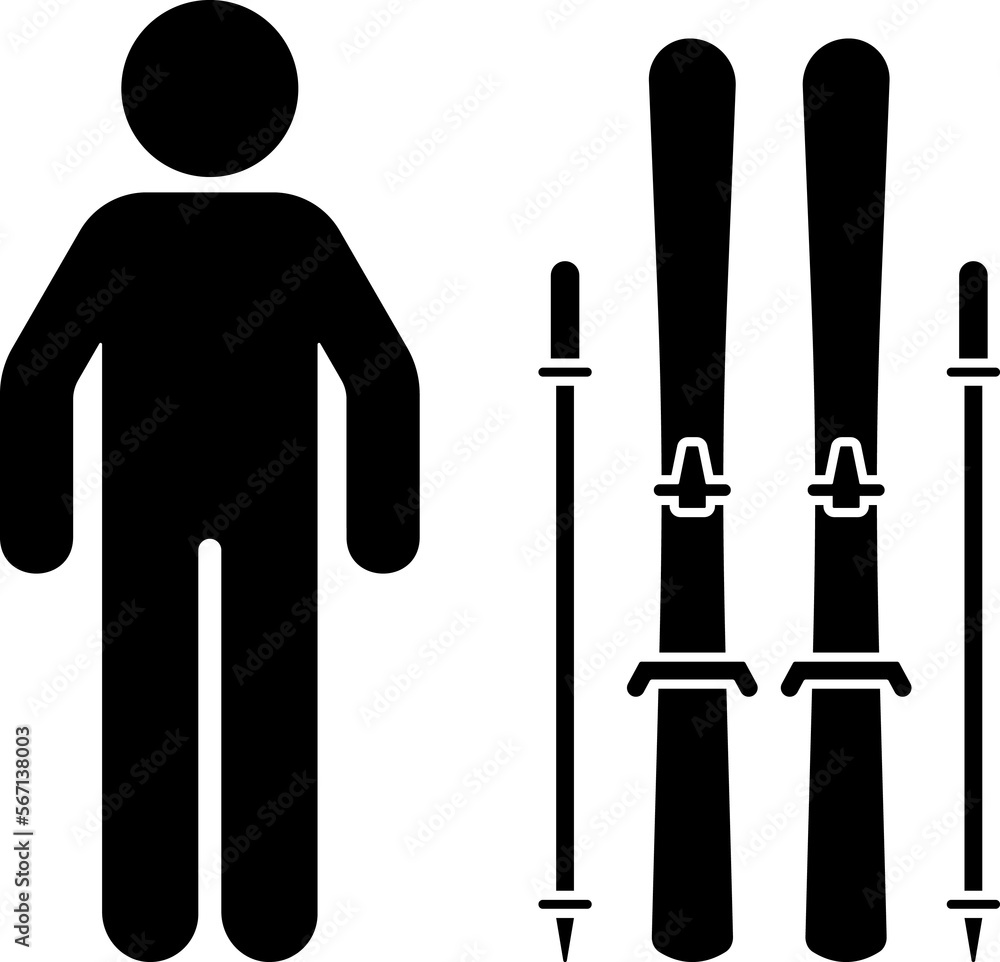 Stick figure skier boy standing in snow with ski icon. Black and white ...