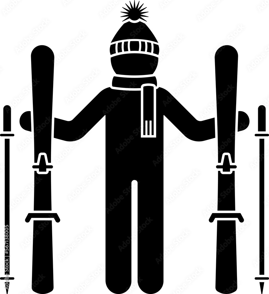 Stick figure skier male standing in snow with ski icon. Black and white ...