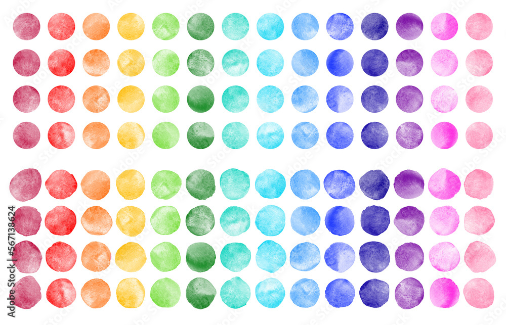 Rainbow colors watercolor circle shape stains, smears, strokes set ...