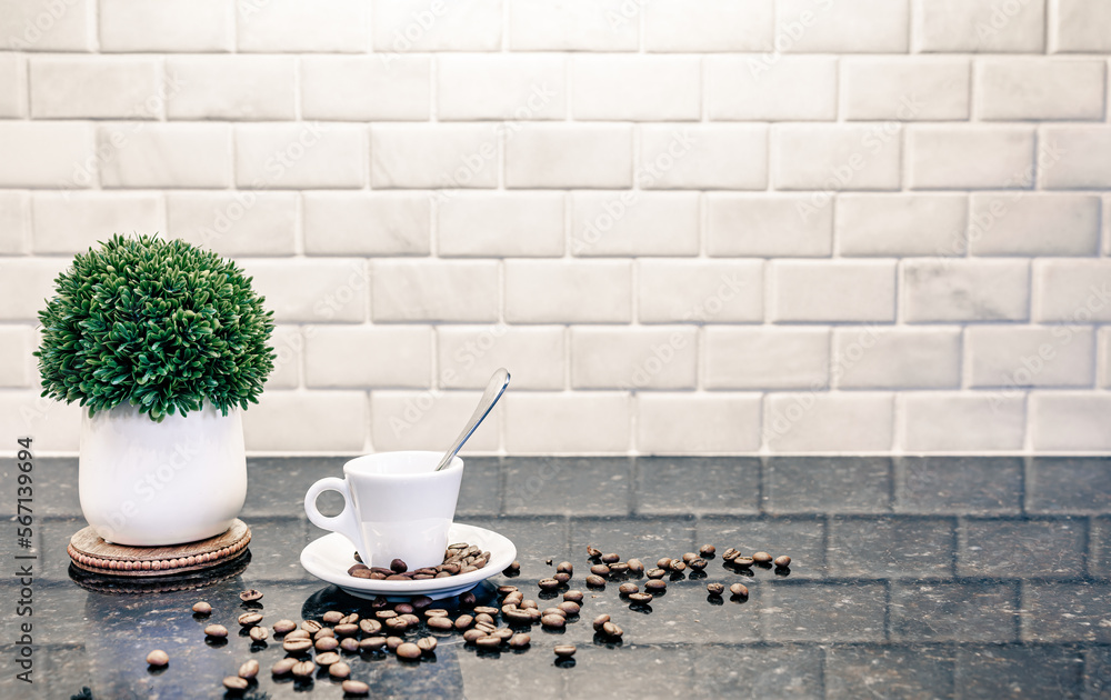 Espresso cup and spoon with dark roasted coffee beans with modern ...