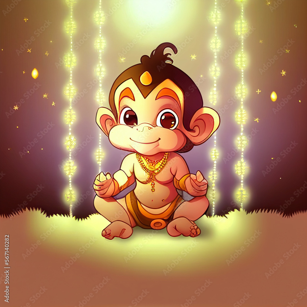 cute baby Hindu God Hanuman cartoon character style, generative AI ...