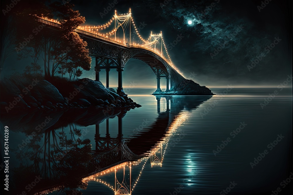 a night scene with a bridge over a body of water and a full moon in the ...