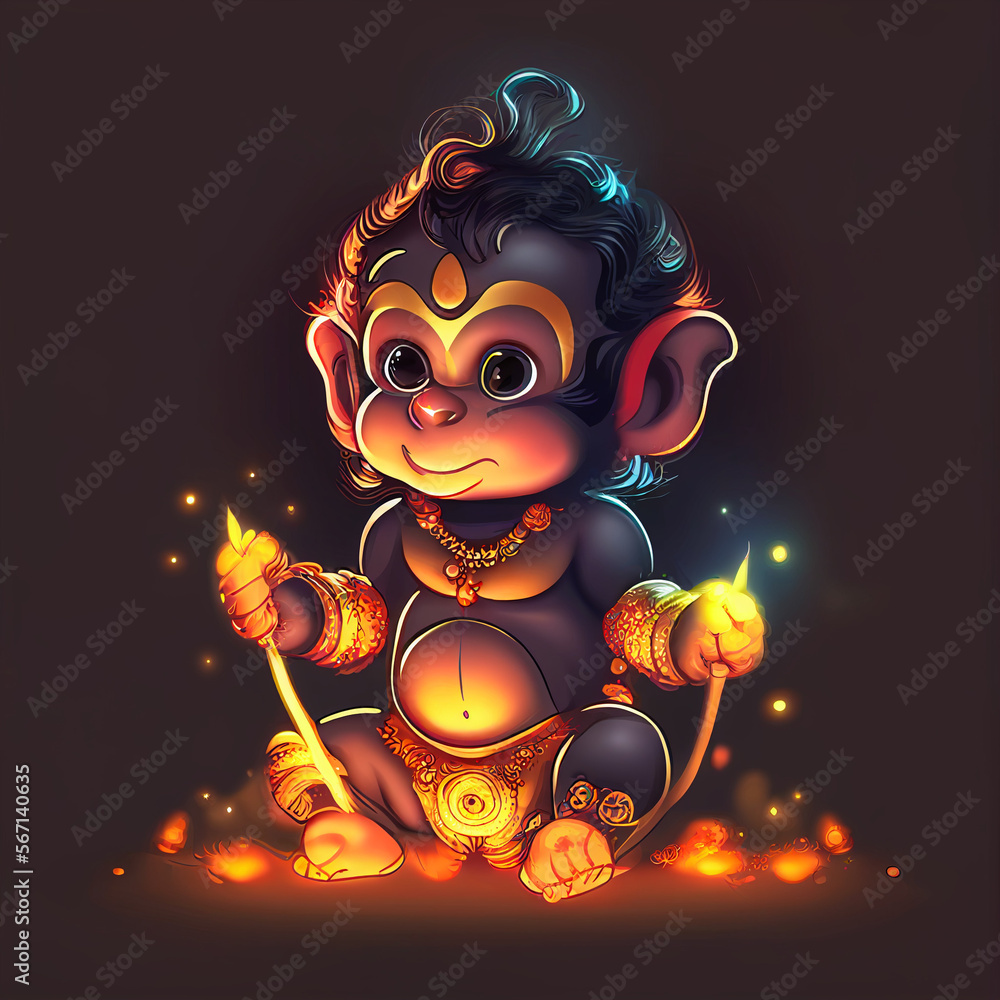 cute baby Hindu God Hanuman cartoon character style, generative AI ...