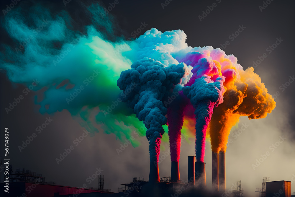 Multi-colored smoke emissions colorful from factories and thermal power ...