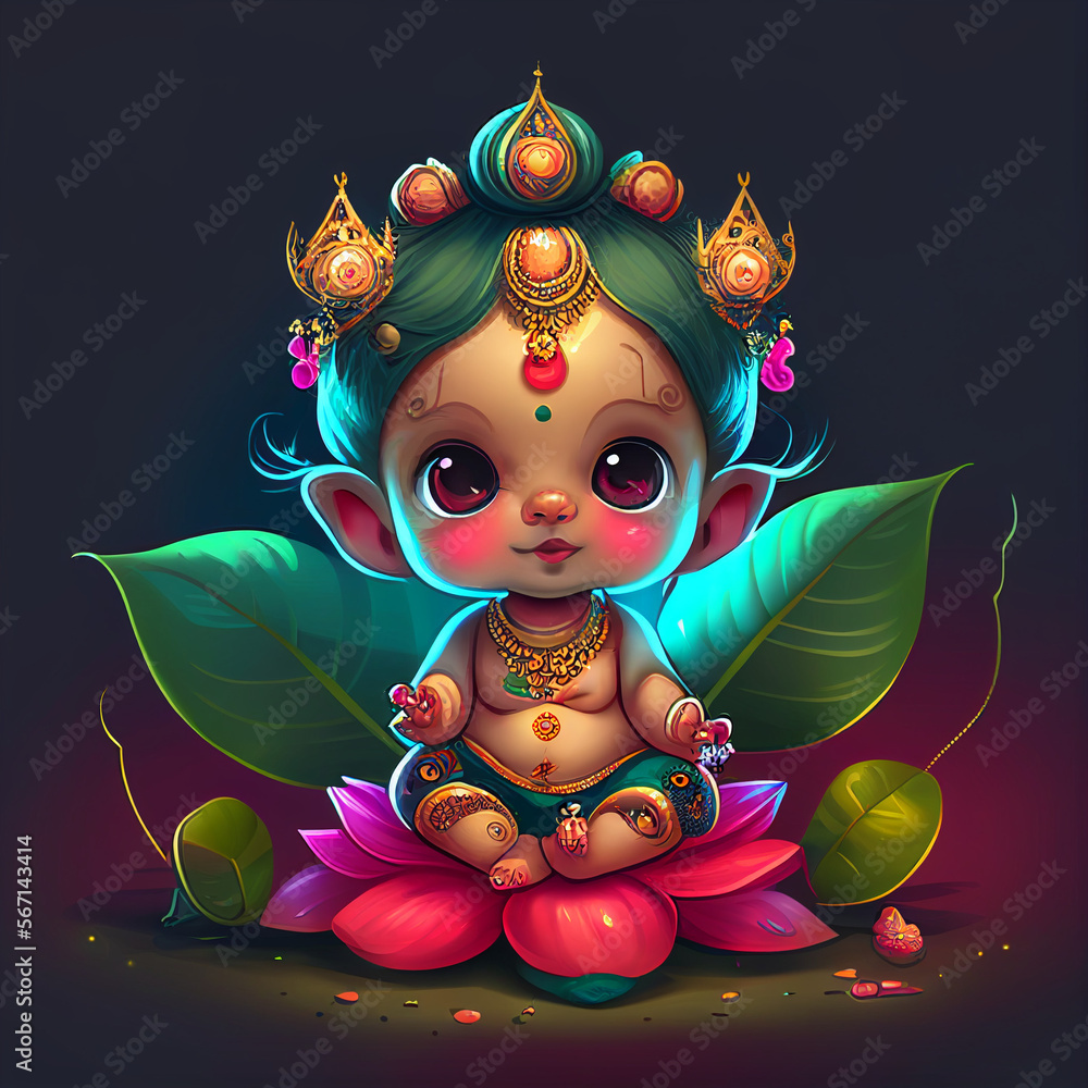ภาพประกอบสต็อก baby Hindu Goddess Lakshmi sitting on lotus flower ...