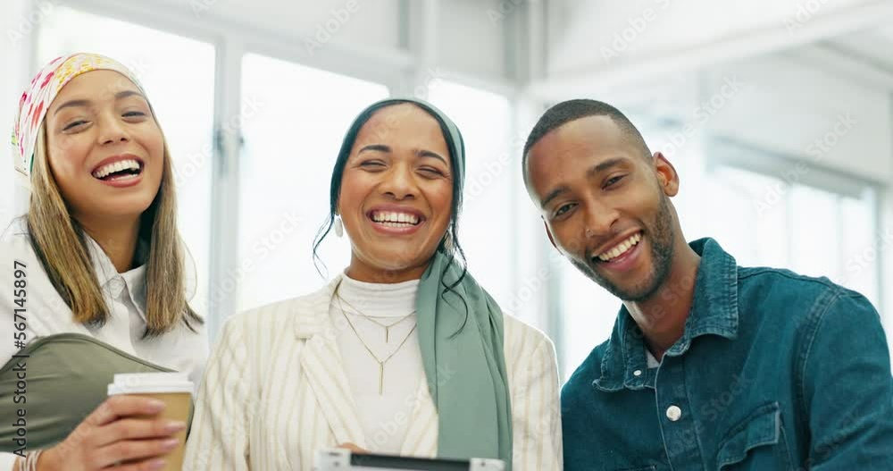 Business people, portrait or laughing in meeting and tablet, company ...