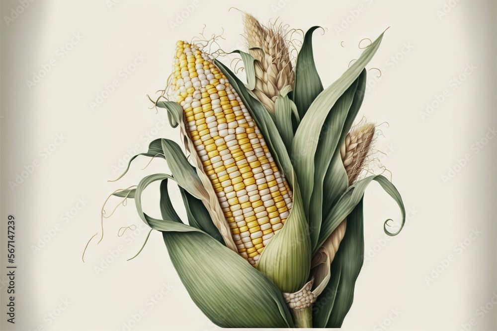 an illustration of a corn cob on a white background with a green stem ...