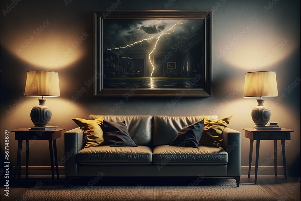 a living room with a couch and two lamps on the side of the room and a ...