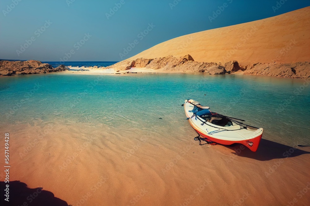 Morning at sandy beach of the Red Sea with kayak boat and snorkel ...