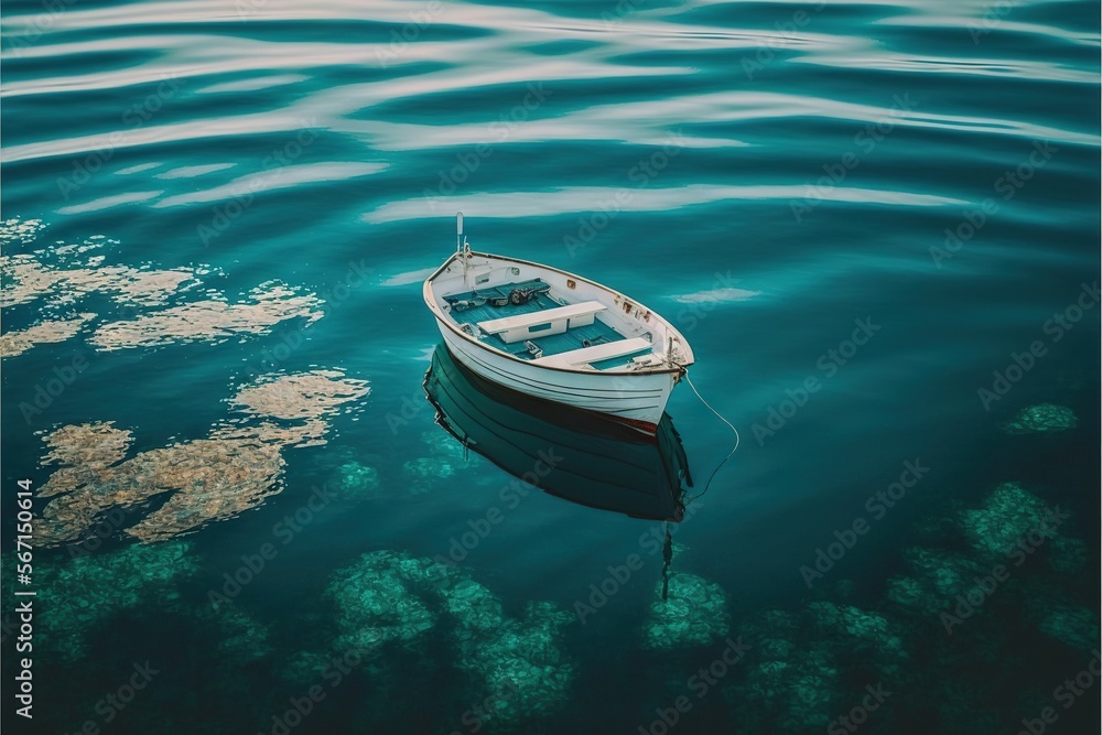 a small boat floating on top of a lake next to a shore covered in green ...