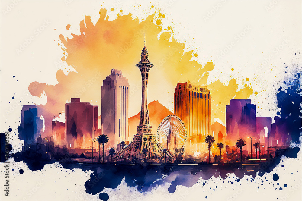Watercolor Painting of Las Vegas Strip Skyline Sunset Wall Art ...