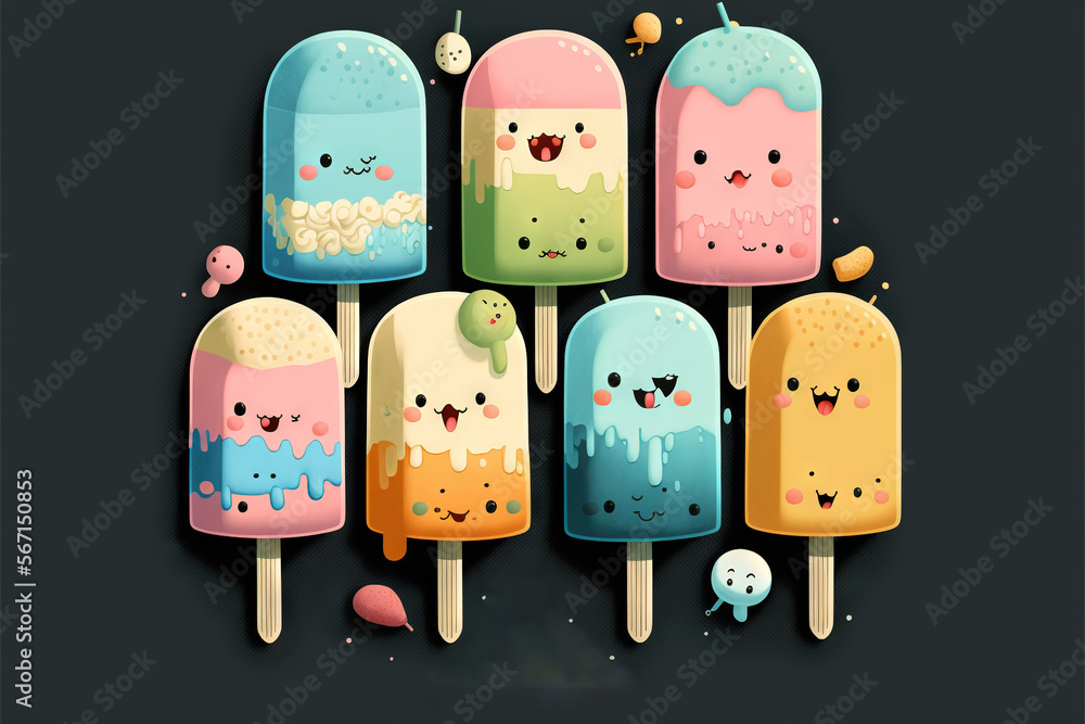 a group of ice cream pops sitting on top of a black surface with ...