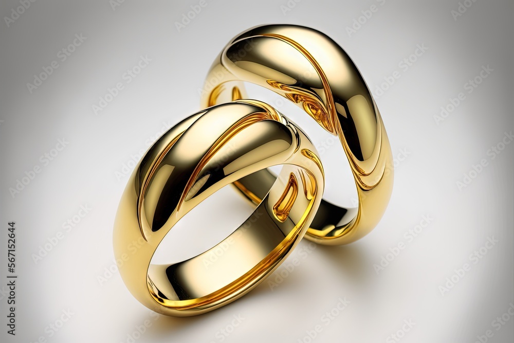 two gold wedding rings on a white background with a reflection of the ...