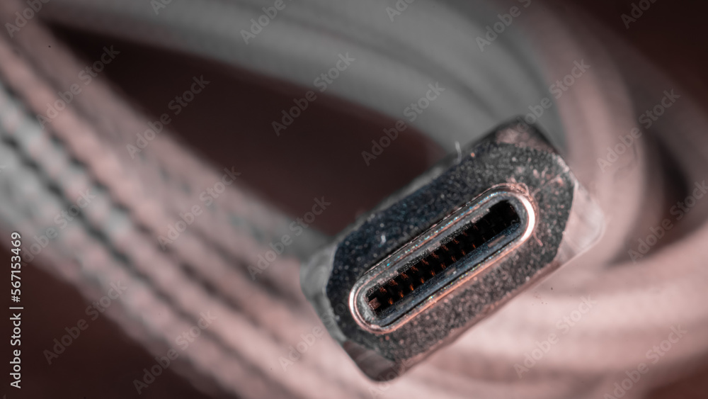 USB type C connector viewed from an angle. Movie looking photo of a ...