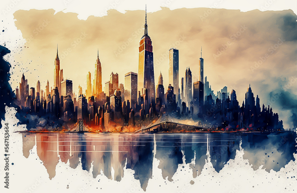 Watercolor Painting of New York City Wall Art Wallpaper of City Skyline ...