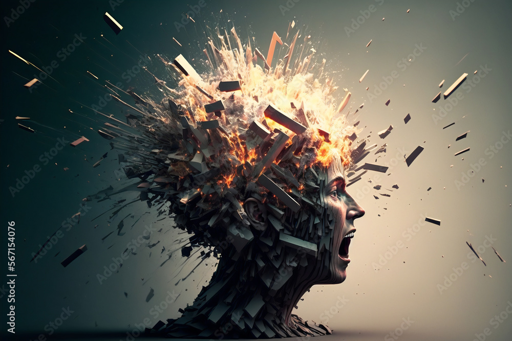 Head explosion. Headache, aggression, negative emotions concept. Losing ...
