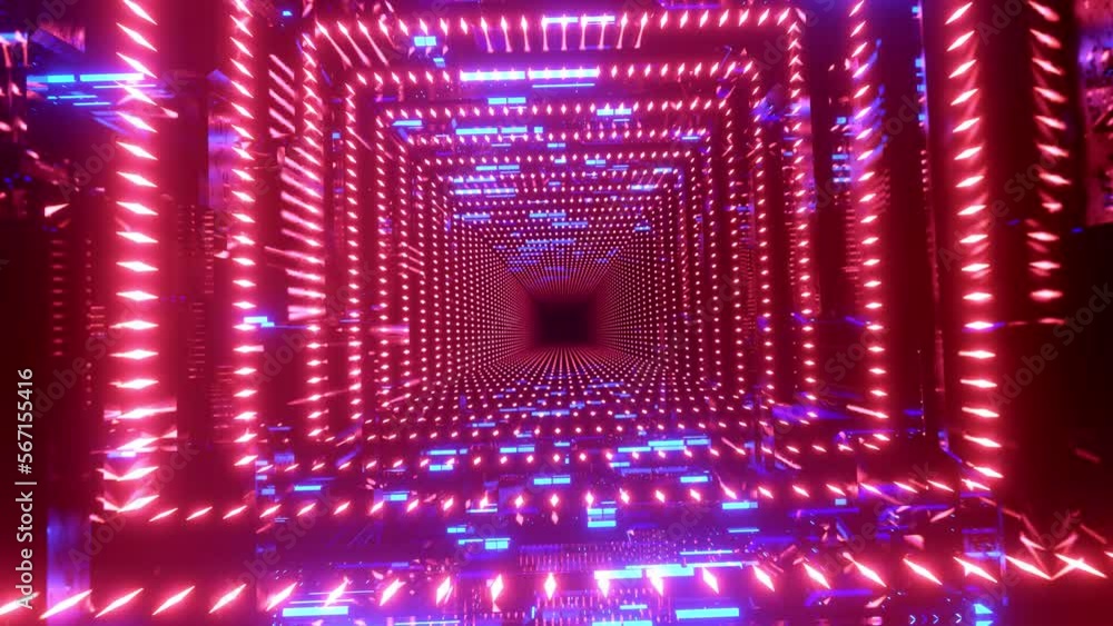 move through mirror tunnel with neon pattern, glow structure form sci ...