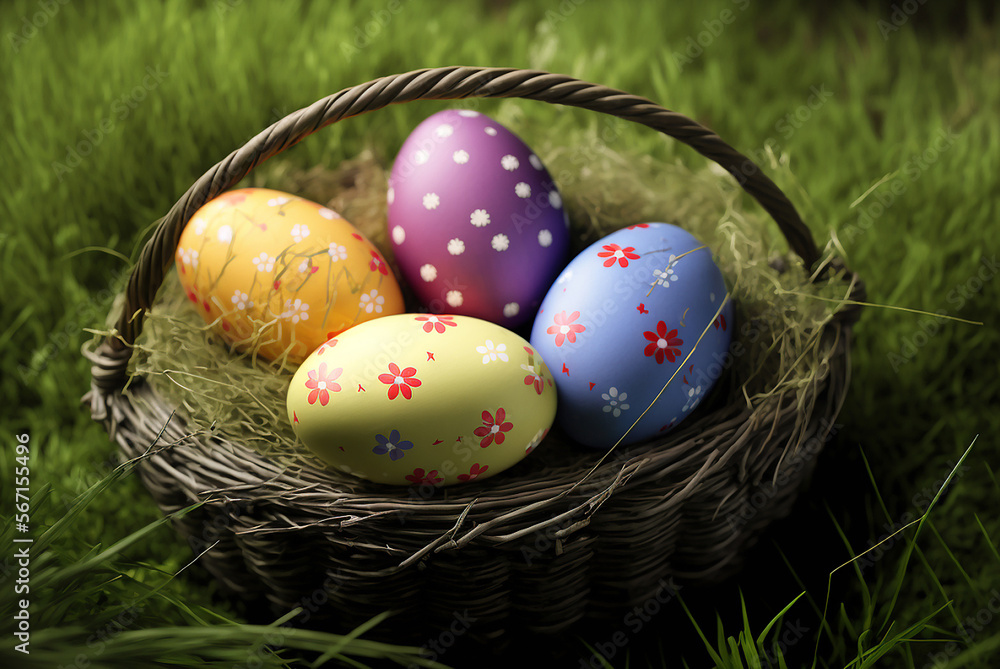 Pâques, Easter Eggs, oeufs colorés dans un panier posé dans l'herbe ...