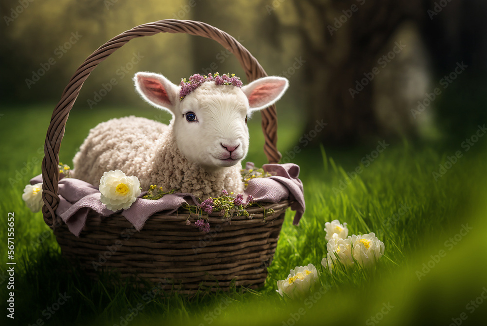 Pâques, mignon Agneau de Pâques dans un panier, Easter Eggs, oeufs ...
