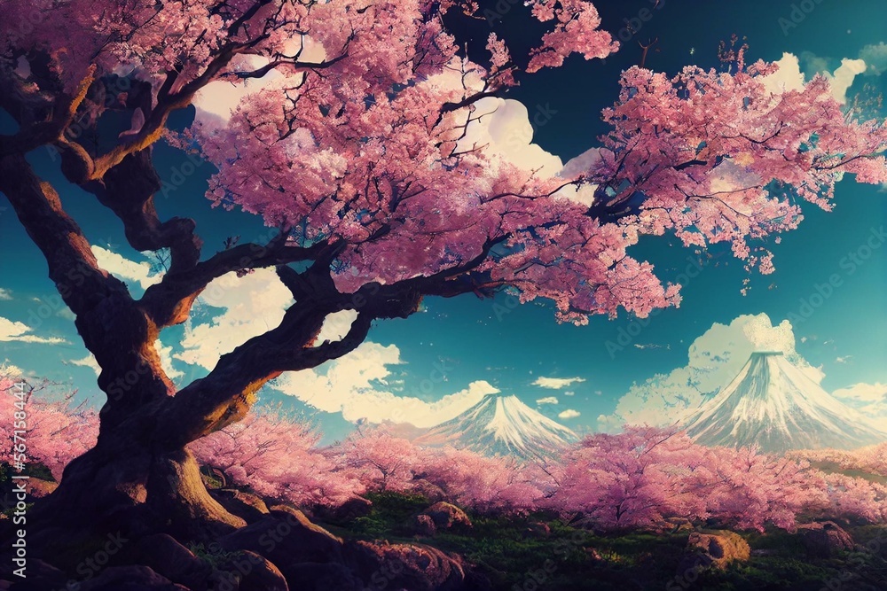 WIde Angle Japanese Anime Landscape Background. Clear Sky with Dynamic ...