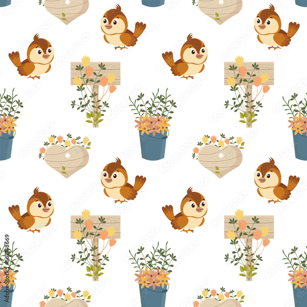 Seamless spring pattern, cute sparrow birds, wooden garden signs and ...