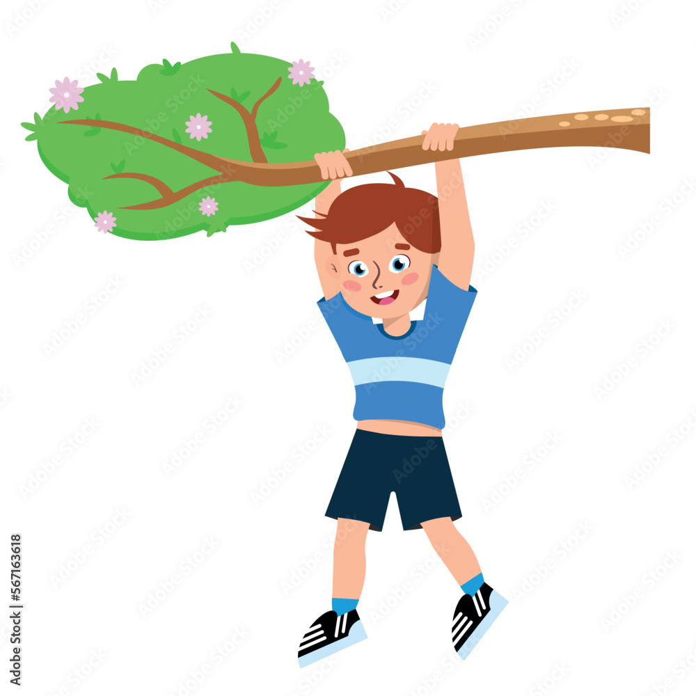 Vector illustration of a boy climbing trees. A cartoon scene of a ...