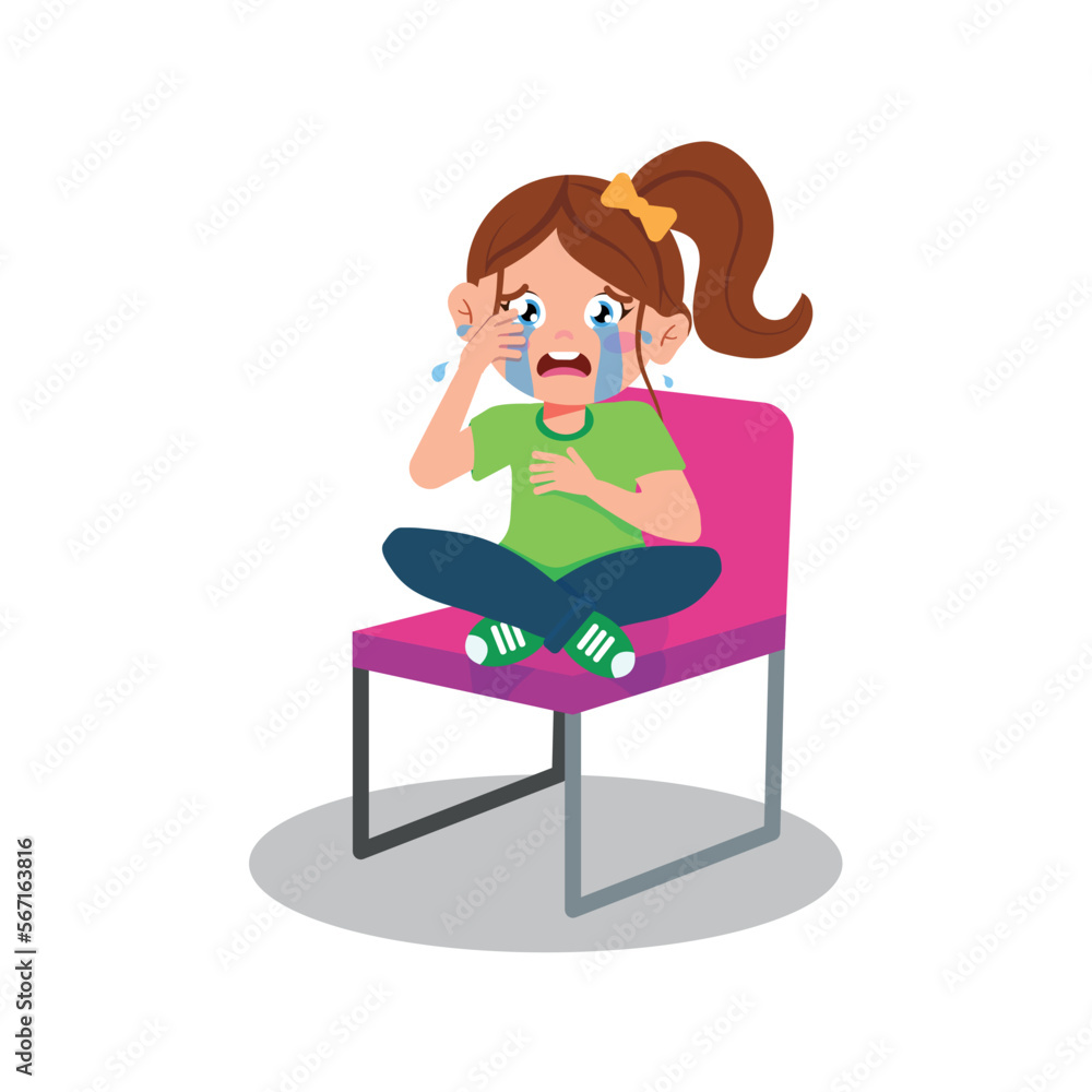 Vector illustration of a girl sitting on a chair and crying. Cartoon ...