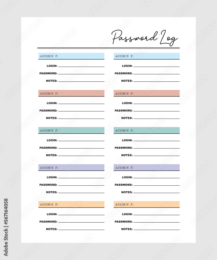 Vector Password Log, Password Tracker, Password Inserts, Password ...