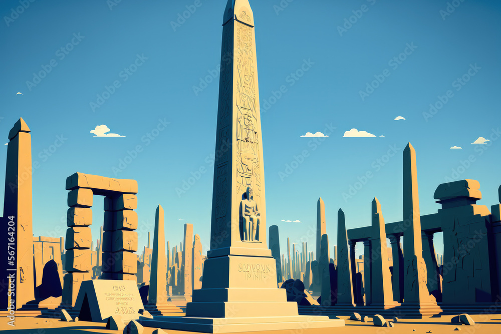 Large, towering ancient Egyptian obelisk in Luxor's Temple of Karnak, with carvings of ...