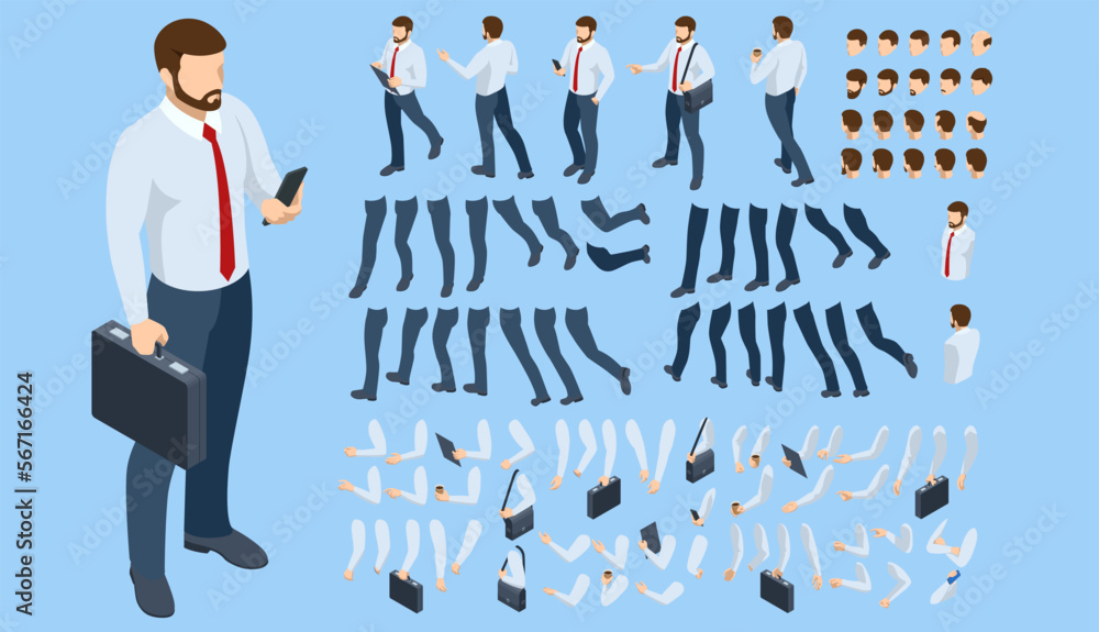Isometric man character constructor for designe. Set of businessman ...