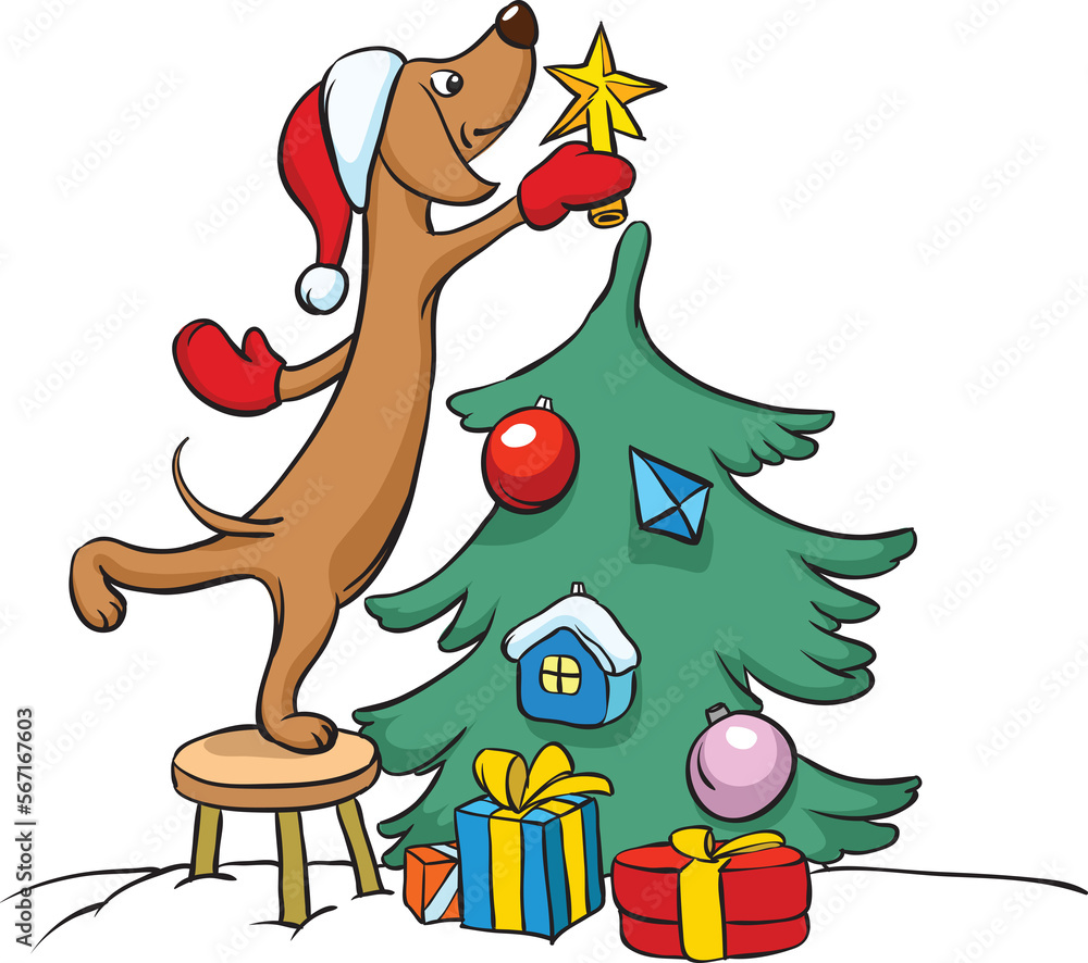 cartoon dog arranging christmas tree - PNG image with transparent ...