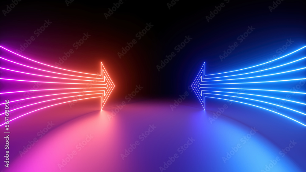 3d render, abstract minimalist geometric background. Two counter neon ...