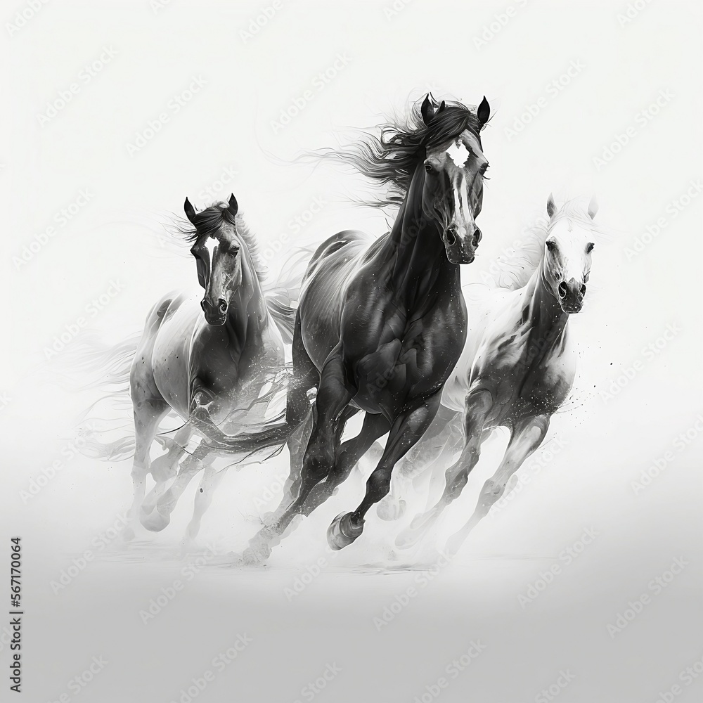 Galloping Horses on White Background. Running stallions and mares. Fast ...
