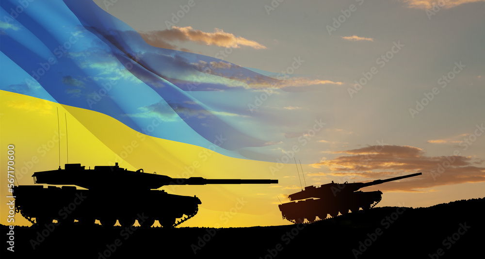 Silhouettes of army tanks at sunset sky background with Ukrainian flag ...