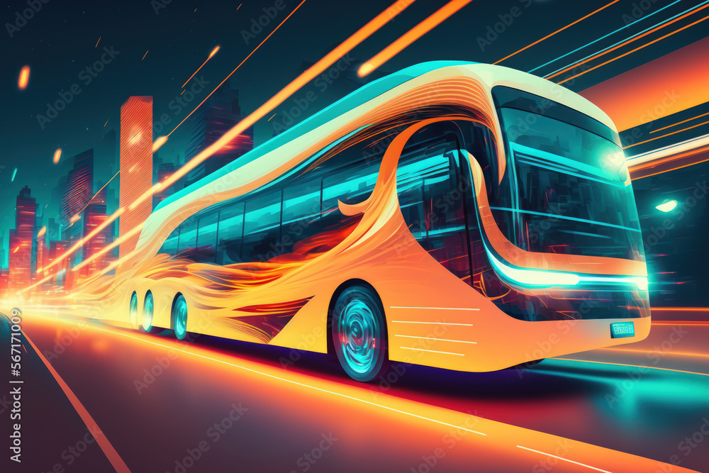 Motion blur and digital data flow on the road give the impression of ...