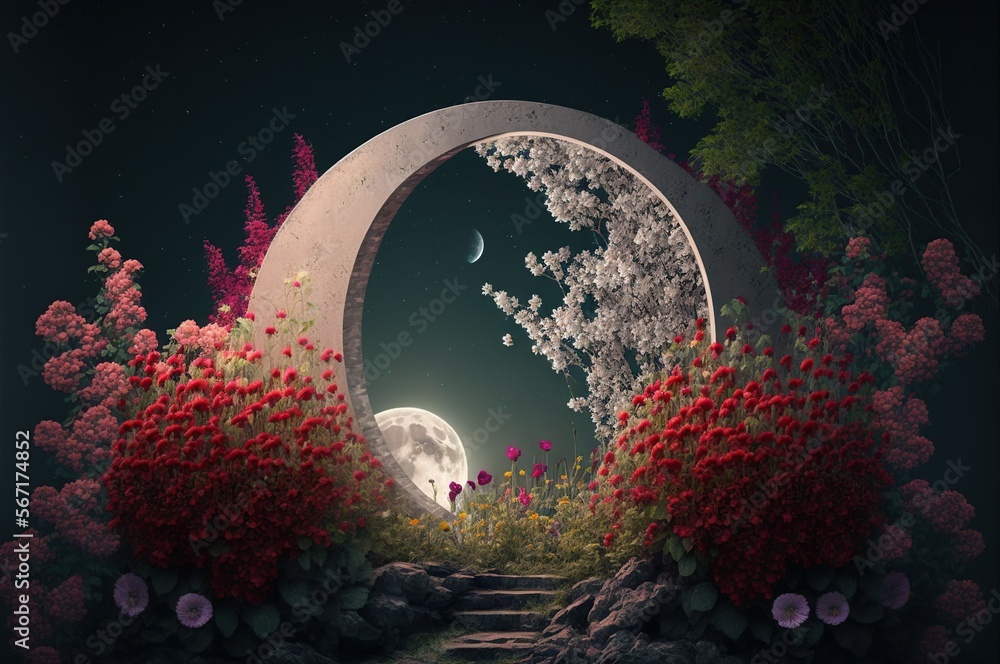 An illustration of a beautiful moon gate at night. AI generated art ...