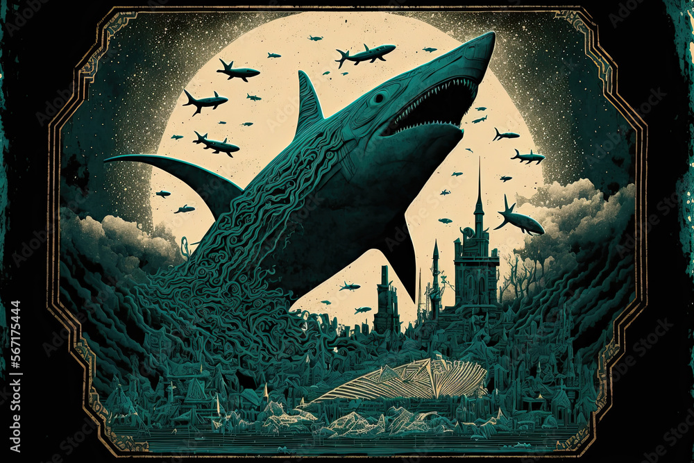 megalodon or shark seamonster, glowing full moon psychedelic vector ...