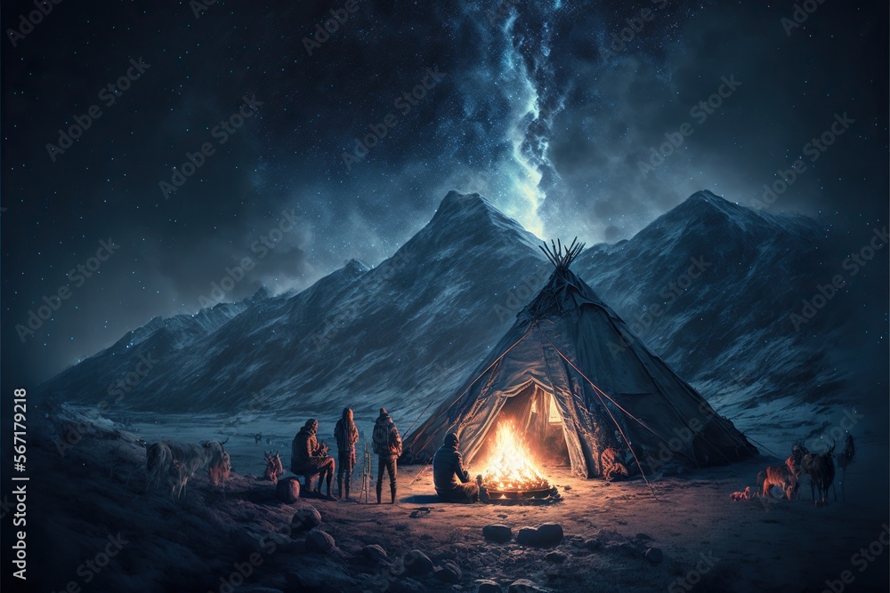 Tourists and hunters heated around campfire in the mountains against ...