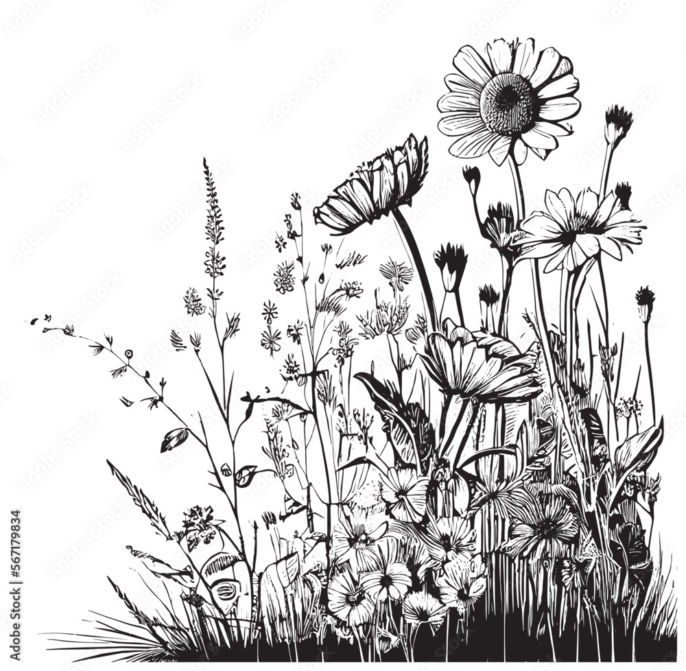 Part of field wild flowers sketch hand drawn sketch in doodle style ...