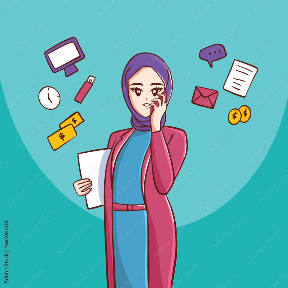 Cute hijab business woman profession with handphone in hand and office ...