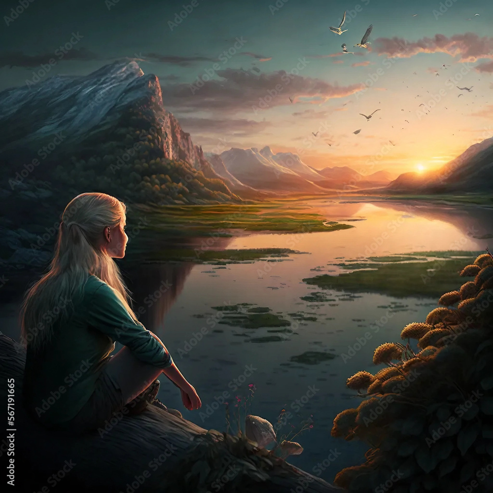 painting of a woman sitting on a log looking at a lake, a detailed ...