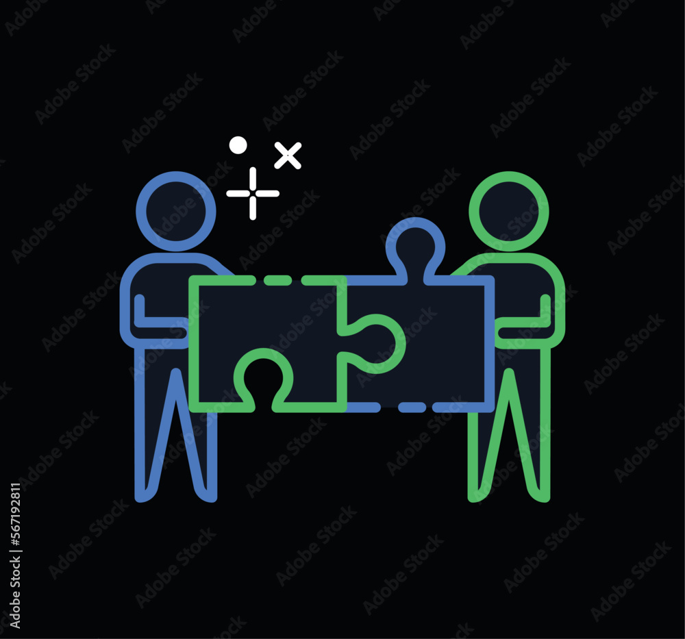 Men with puzzle neon icon. Teamwork and partnership, collaboration and ...